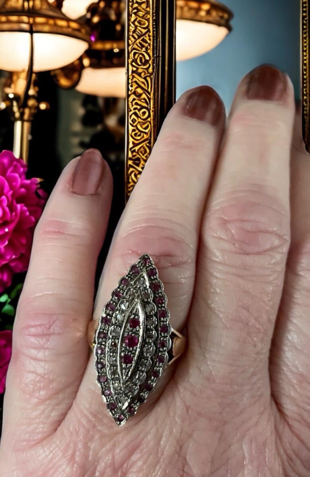 Ruby and Diamond Navette Ring - Etsy