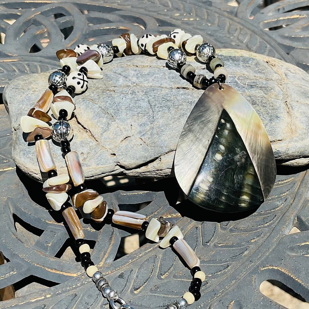 Carved Shell Pendant Necklace With Etched Bone Beads and Silver Pewter ...