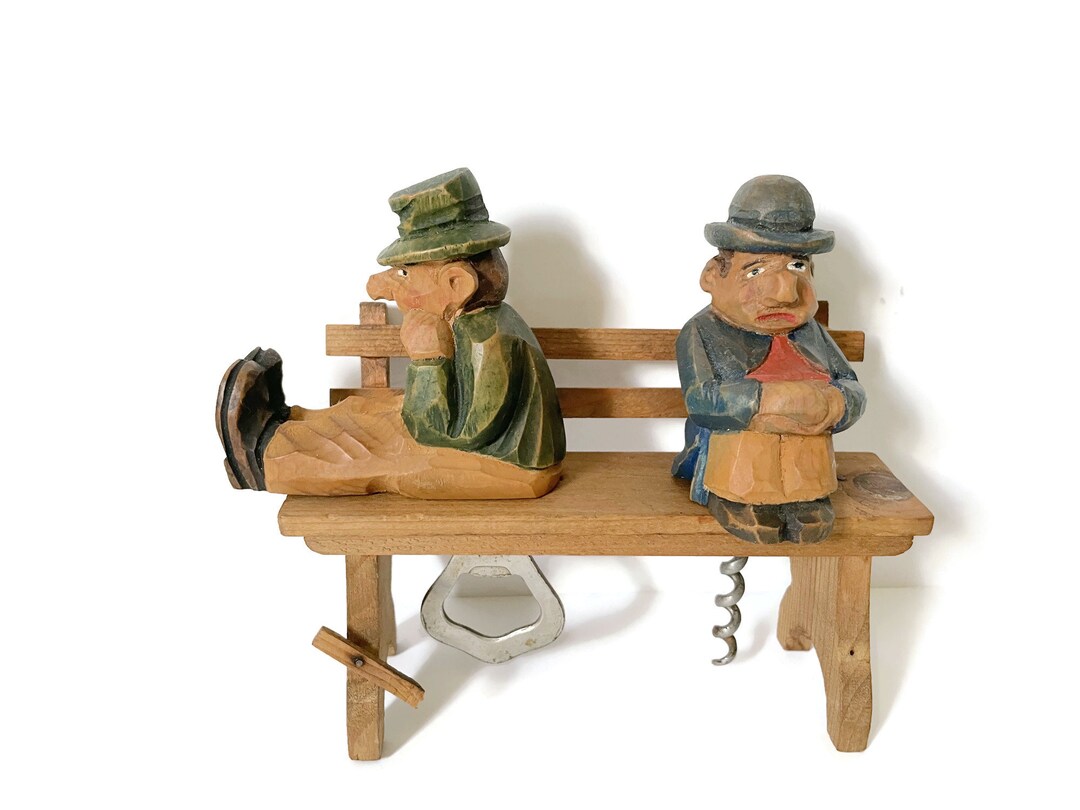 ANRI Bar Set, Grumpy Men on Park Bench, Vintage Anri Italy Hand Carved ...