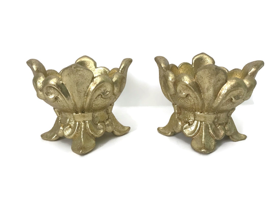 Set Pair Gold Fleur De Lis Votive Candle Holders Cups, Vintage Low Table Setting Candles for ...