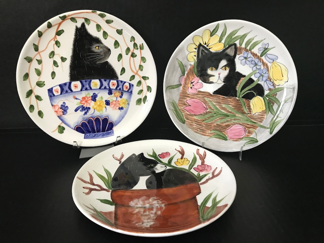 Decorative Cat Plates, Cute Ceramic Kitten Wall Art Dish, Vintage Hand ...