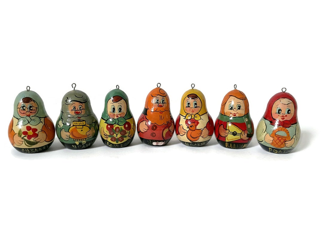 Wooden Russian Ornaments Hand Painted, Set of 7 Wooden Figural ...