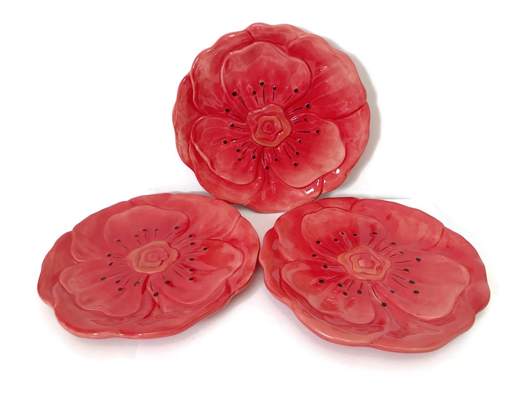 Pier One Imports 8 Set of 3 Red Poppy Plates, Floral Red Poppies Salad ...