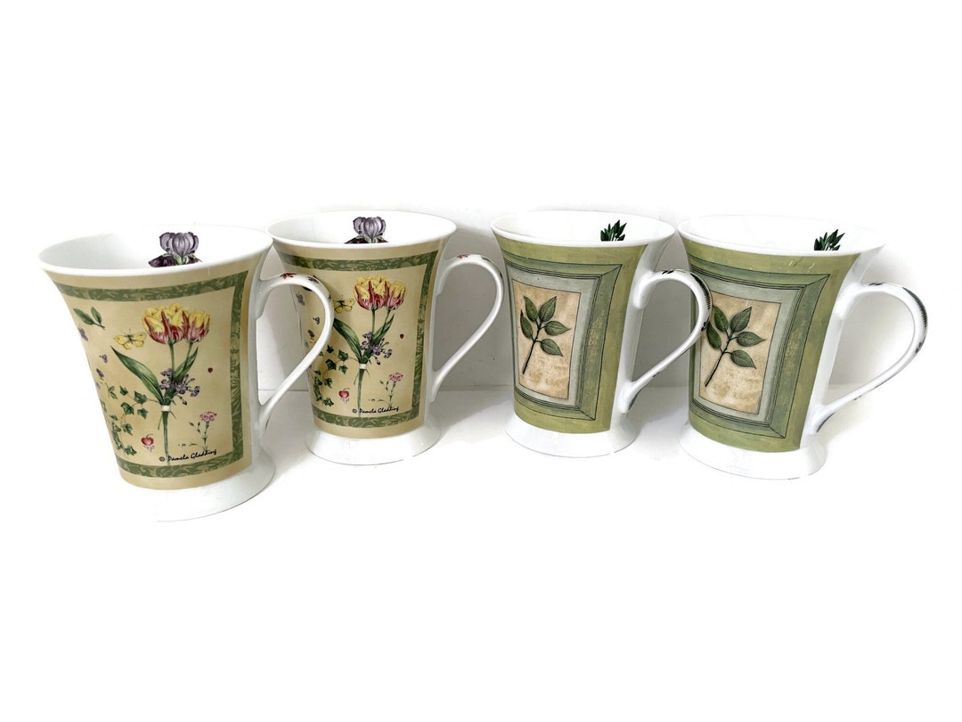 PIMPERNEL Set Pair Coffee Mugs, White Porcelain Pamela Gladding Floral ...