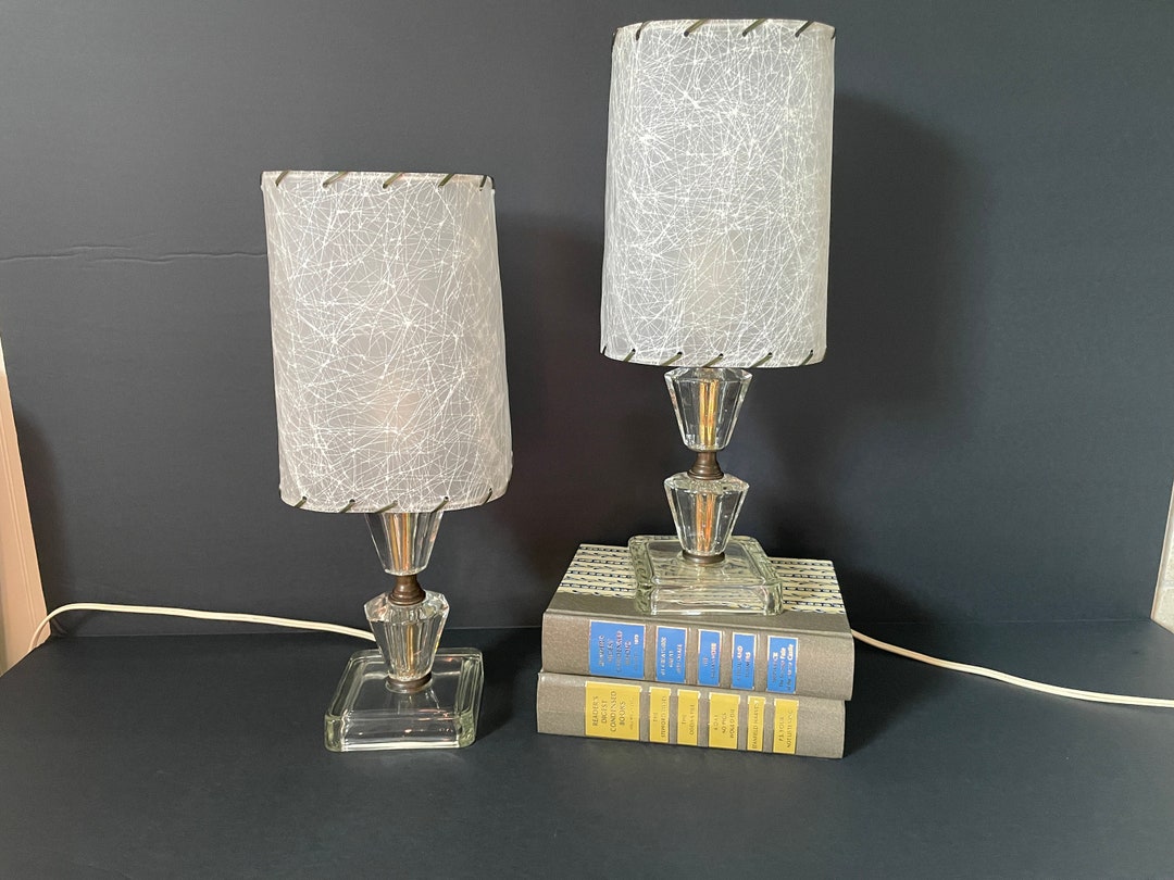 Set Mid Century Glass Lamps With ORIGINAL Fiberglass Shades 14-1/2 ...