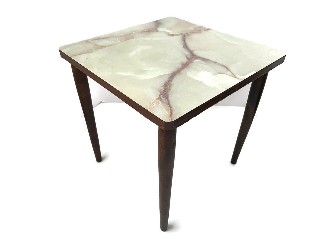 Mid Century Small 15" Square Faux Marble Formica Table, Small Square ...