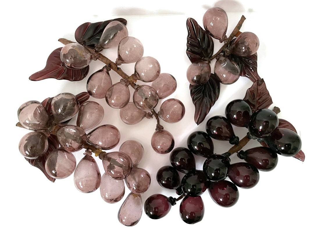 Hand Blown Art Glass Grapes With Wired Stem, Vintage Mid Century Purple ...