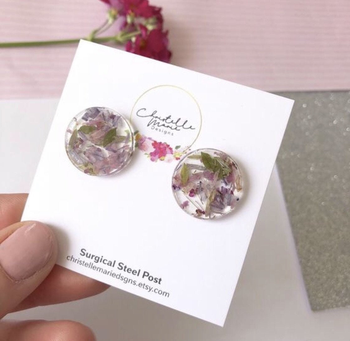 20mm round studs resin botanicals earrings real flower | Etsy