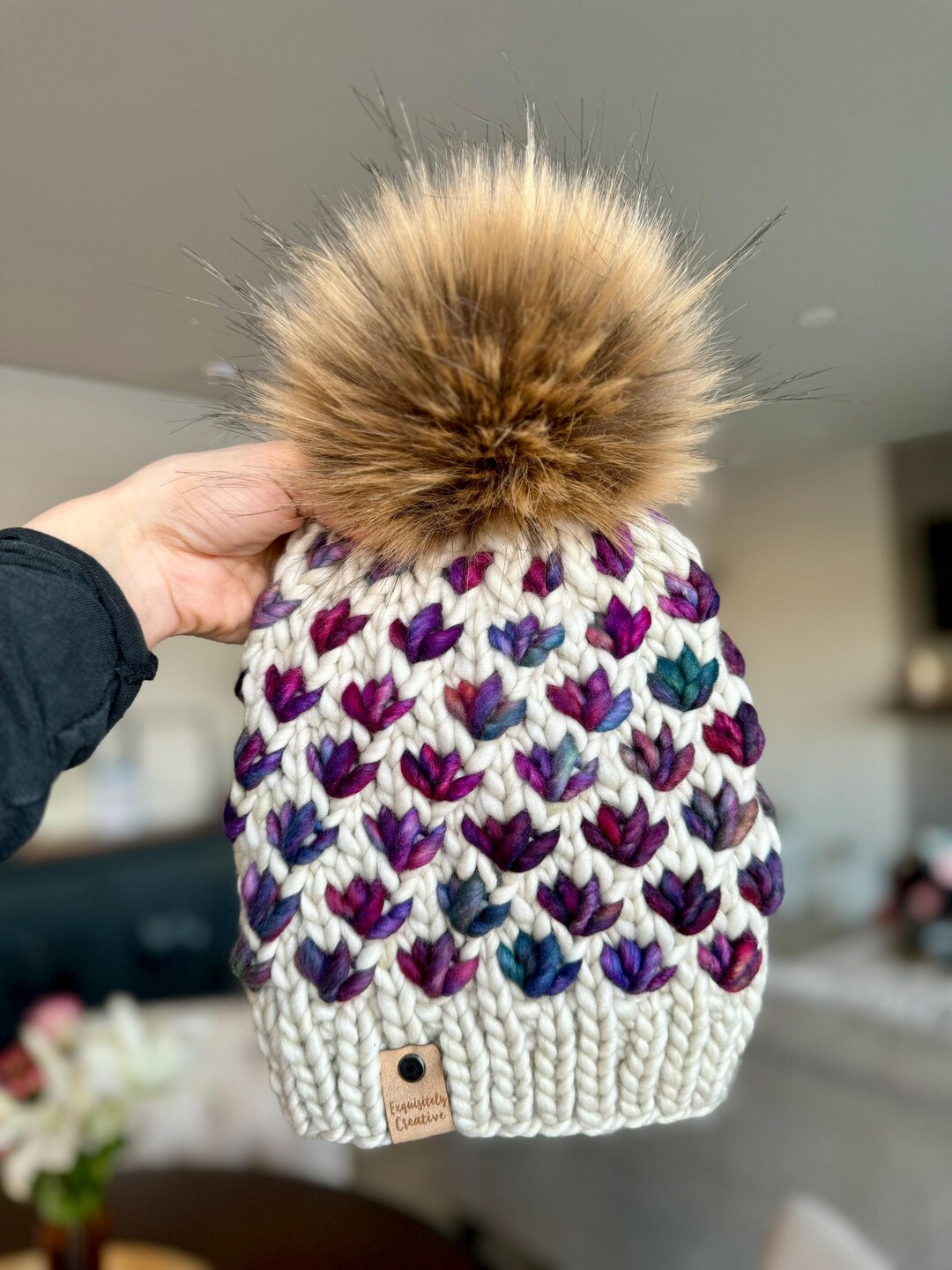 Luxury Lotus Flower Beanie in Fog and Aniversario | Lotus Flower Beanie ...