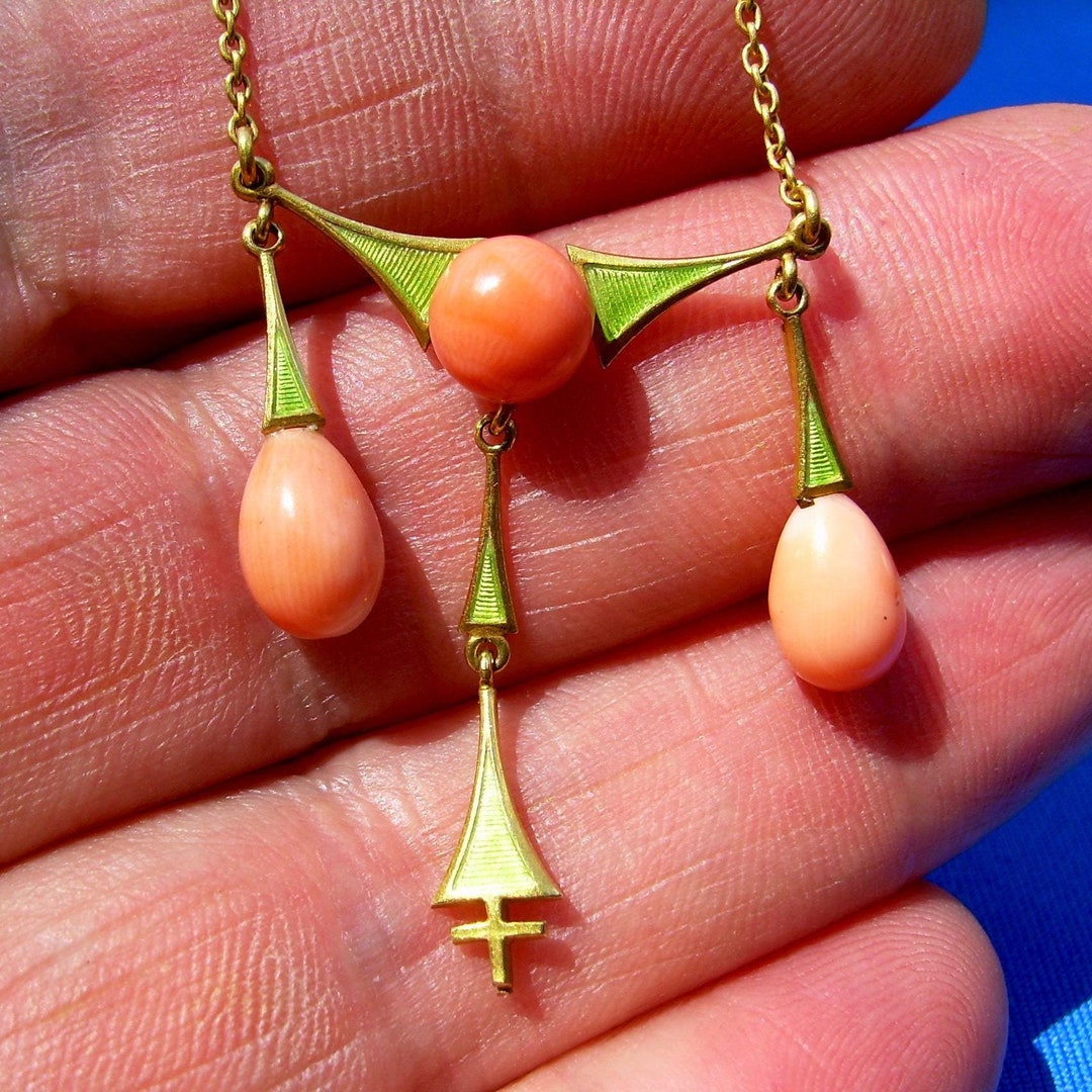 Antique Art Deco Guilloche Enamel Filigree Coral Statement Necklace 14k ...