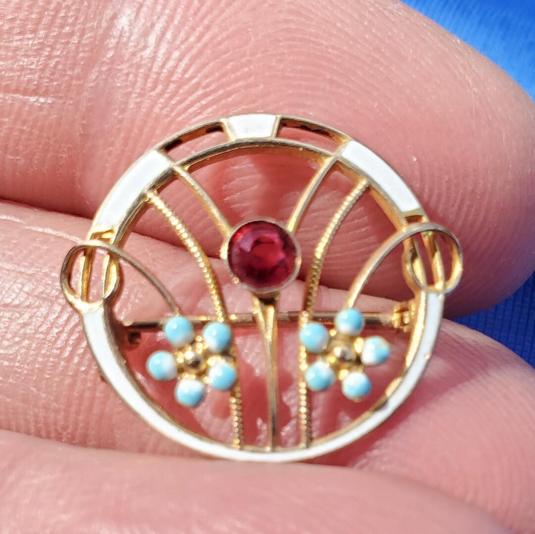 Vintage Deco Solid 10k Gold Ruby Brooch. Guilloche Enamel Gold Antique ...