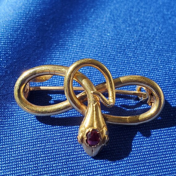 Victorian Art Deco Serpent Brooch 14k Gold Ruby Eyes … - Gem