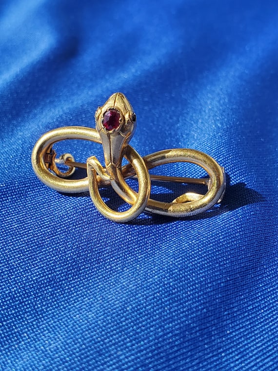 Victorian Art Deco Serpent Brooch 14k Gold Ruby Eyes … - Gem