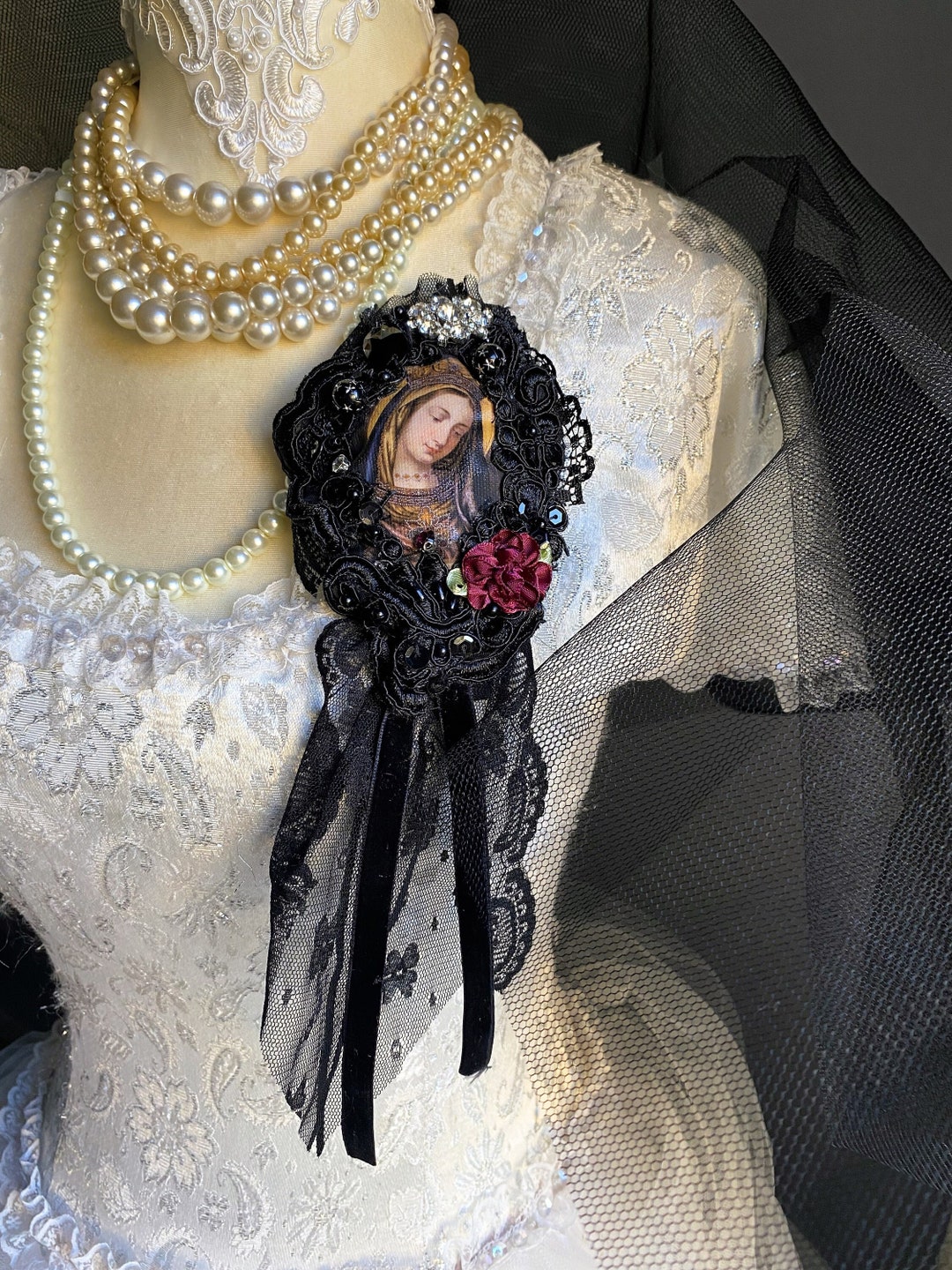 Madonna Brooch, Gothic Pin, Religious Brooch, Gift for Mom, Black Lace ...