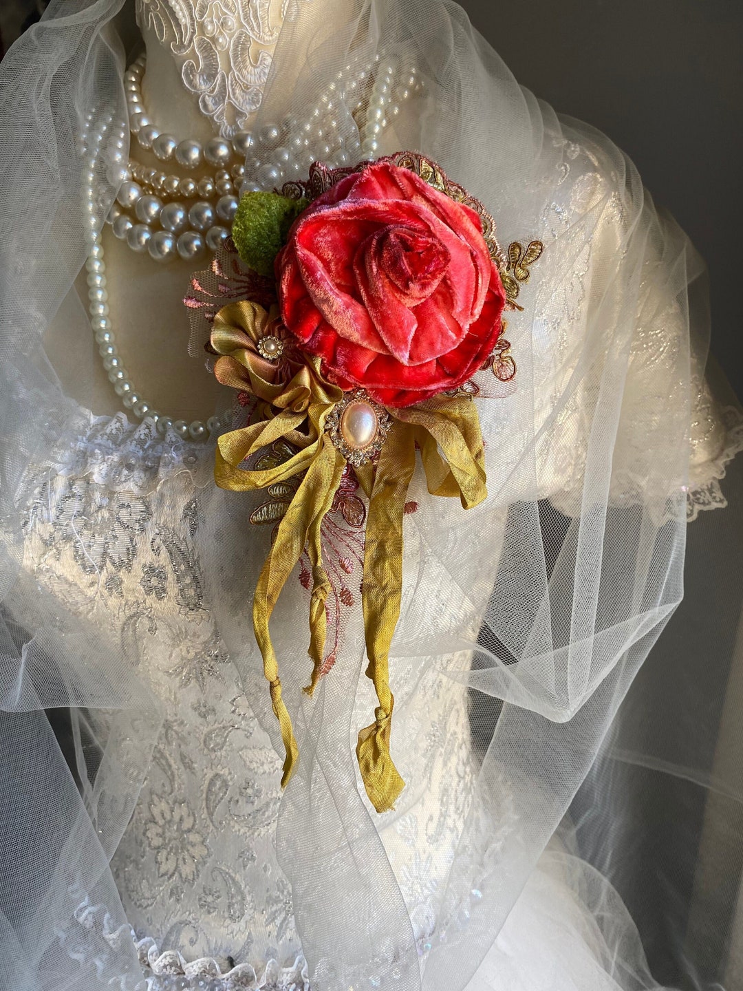 Victorian Rose Pin, Downton Abby Ribbon Rose Brooch, Gypsy Rose Pin ...