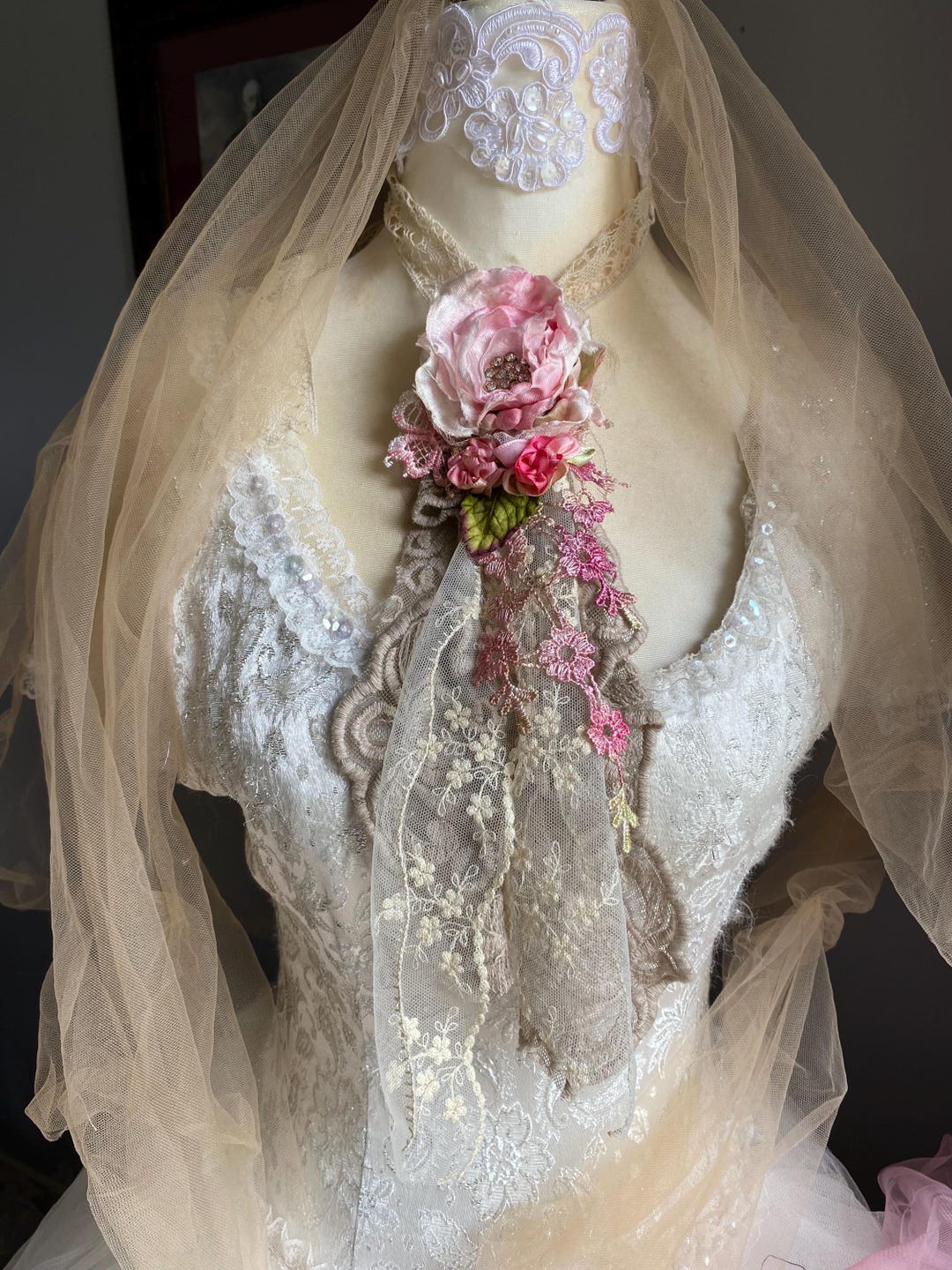 Fairy Necklace, Ethereal, Lace and Silk Rose Jabot, Vintage Style Jabot ...