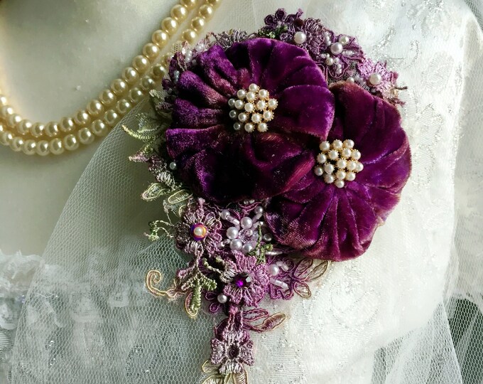 Vintage Style Plum Posy Pin, Ribbon Work, Statement Brooch, Brocante ...