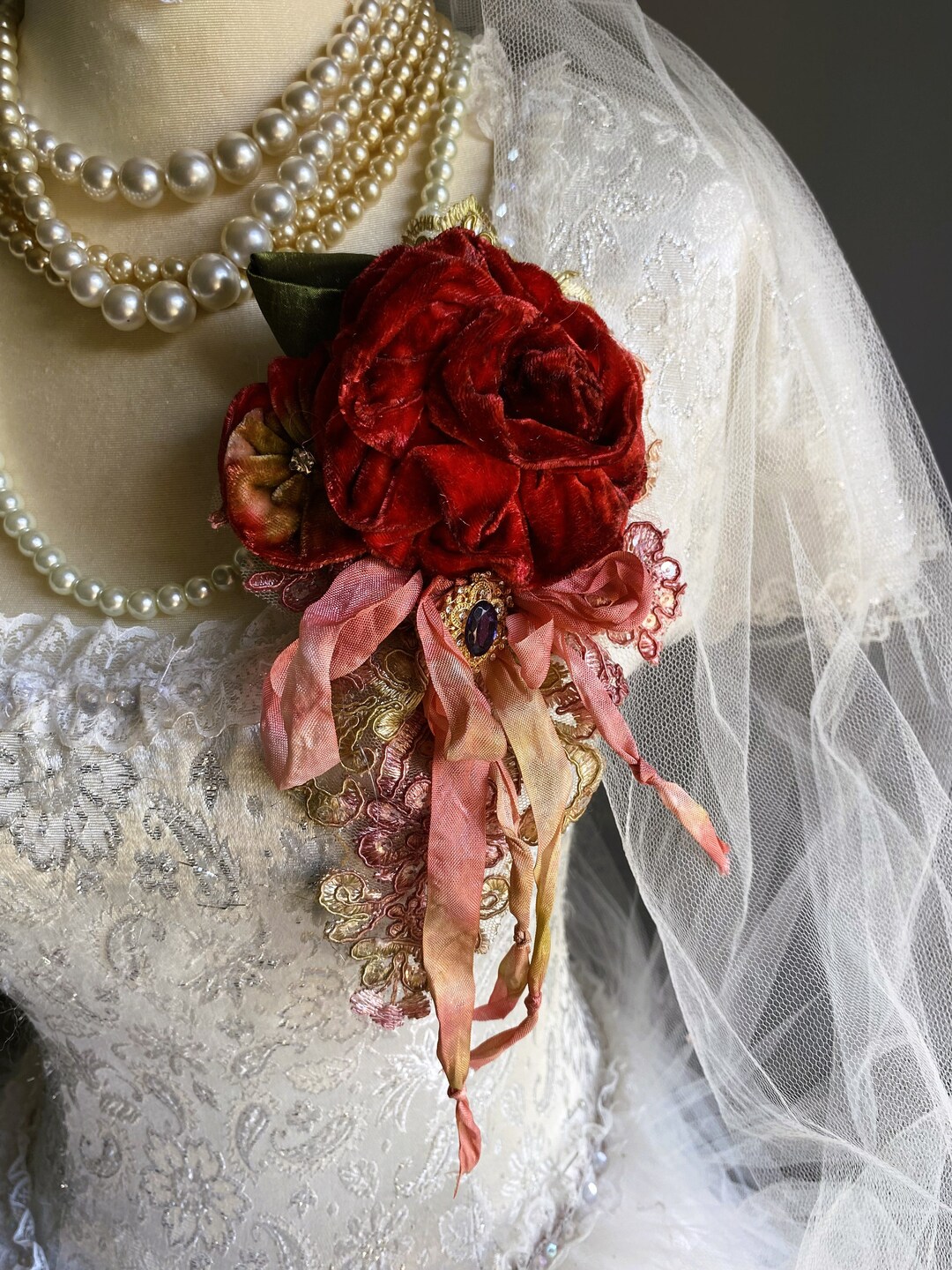 Victorian Rose Pin, Downton Abby Ribbon Rose Brooch, Gypsy Rose Pin ...