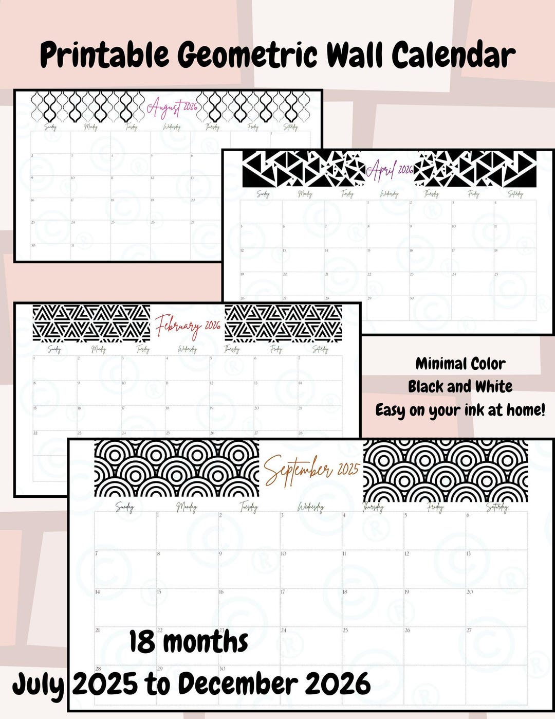 2025–2026 Printable Calendar – Black & White Minimalist Geometric Wall ...