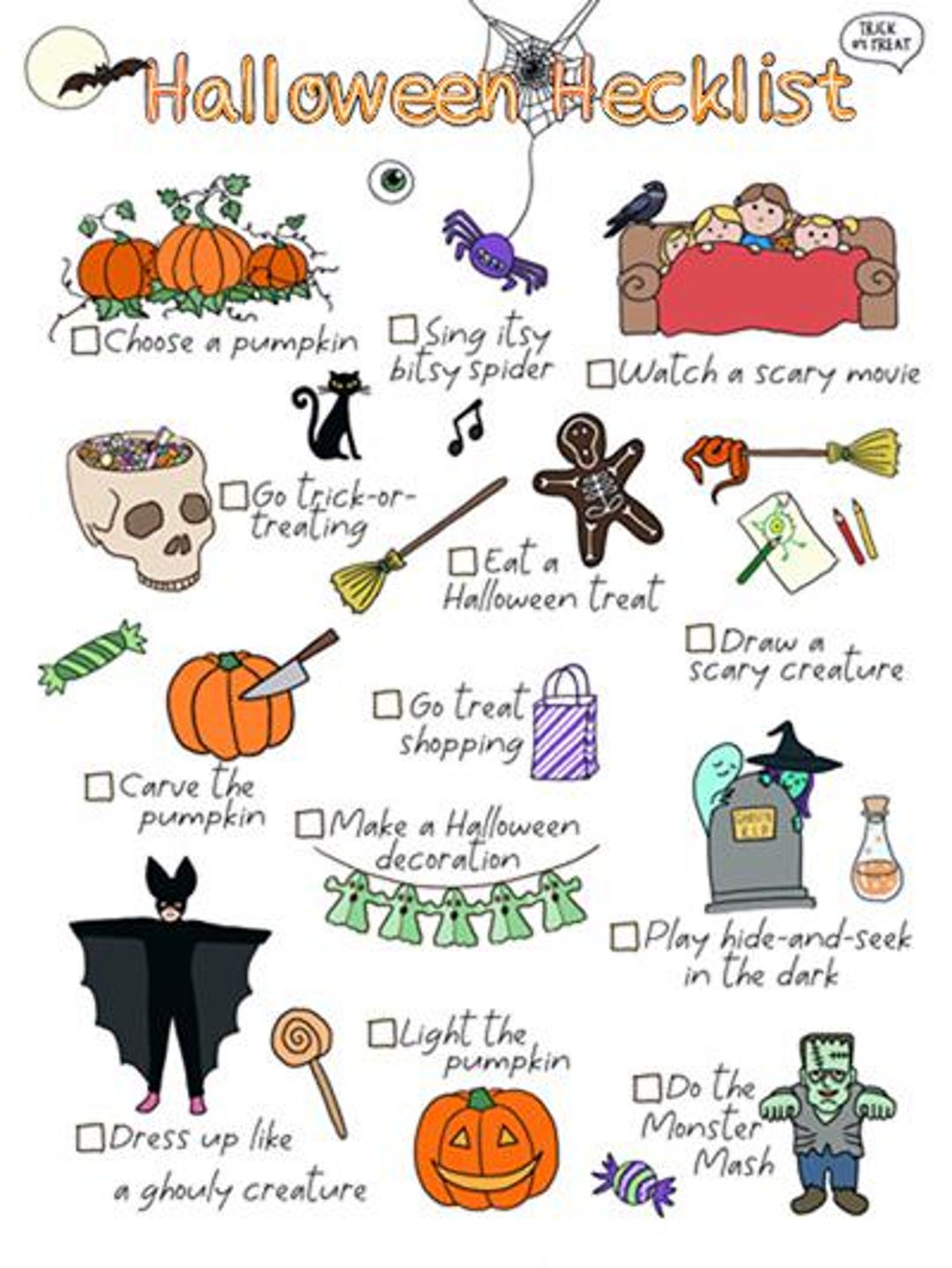 Halloween Checklist Printable Colouring Page or Complete Kids Halloween ...