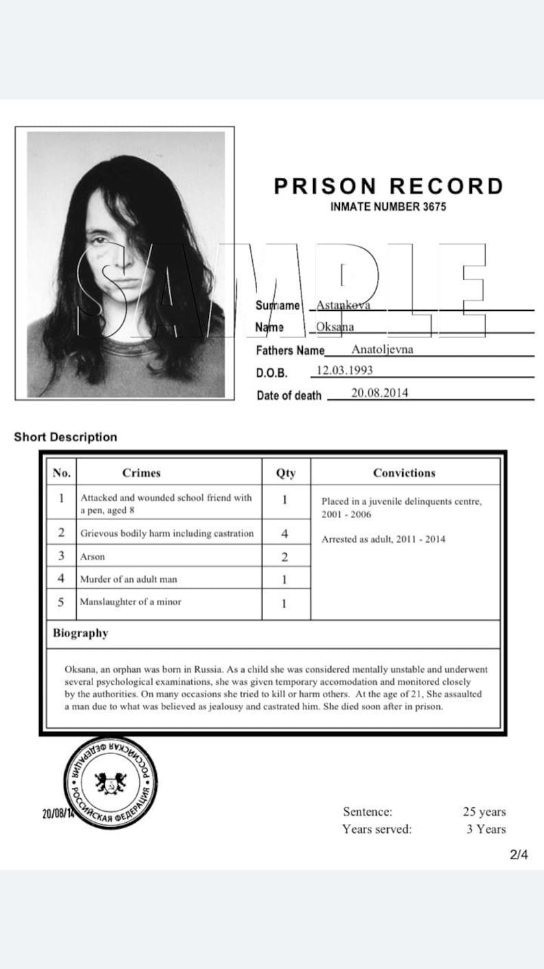 Killing Eve Oksanas Prison Record Rap Sheet Replica - Etsy