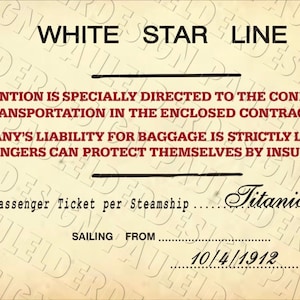 Titanic, First Class Ticket, Boarding Pass, Replica Prop, PDF, Digital ...