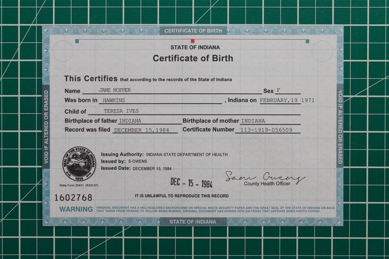 Stranger Things Eleven Birth Certificate Prop Replica - Etsy UK
