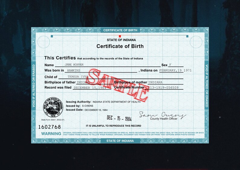 Stranger Things Eleven Birth Certificate Prop Replica | Etsy UK