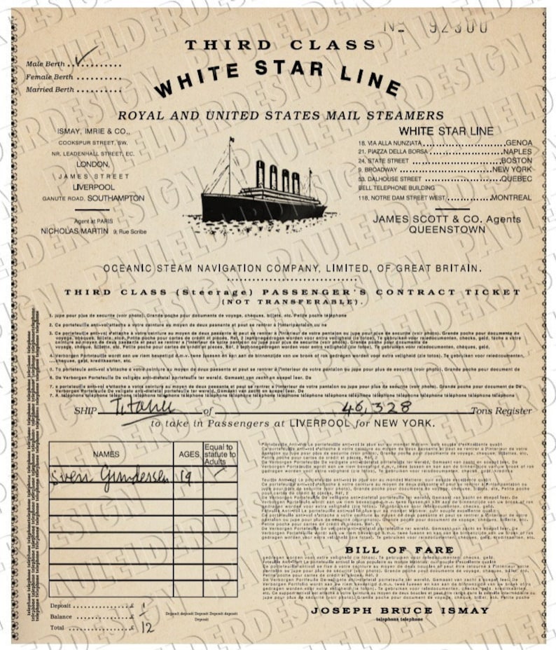 Titanic Third Class Boarding Ticket, Prop Replica, PDF, Vector, Digital ...