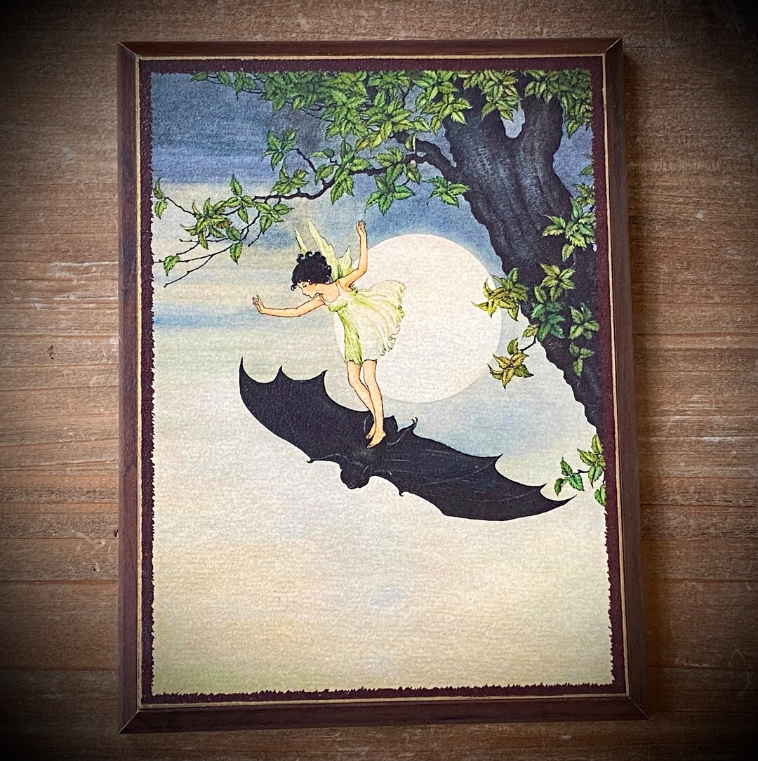Fairy Riding Bat Fairy Tale Book Vintage Illustration Distressed Plaque ...