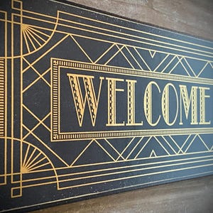 Welcome Art Deco Distressed Sign Plaque Black With Metallic Gold ...