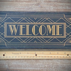 Welcome Art Deco Distressed Sign Plaque Black With Metallic Gold ...