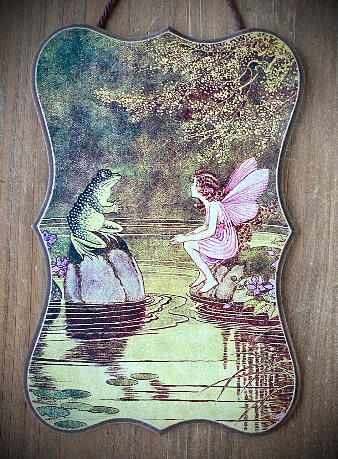 Vintage Pink Fairy and Frog Fairy Tale Book Illustration Made Into a Distressed Plaque Sign ...