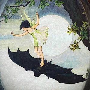 Fairy Riding Bat Fairy Tale Story Book Vintage Illustration Distressed ...