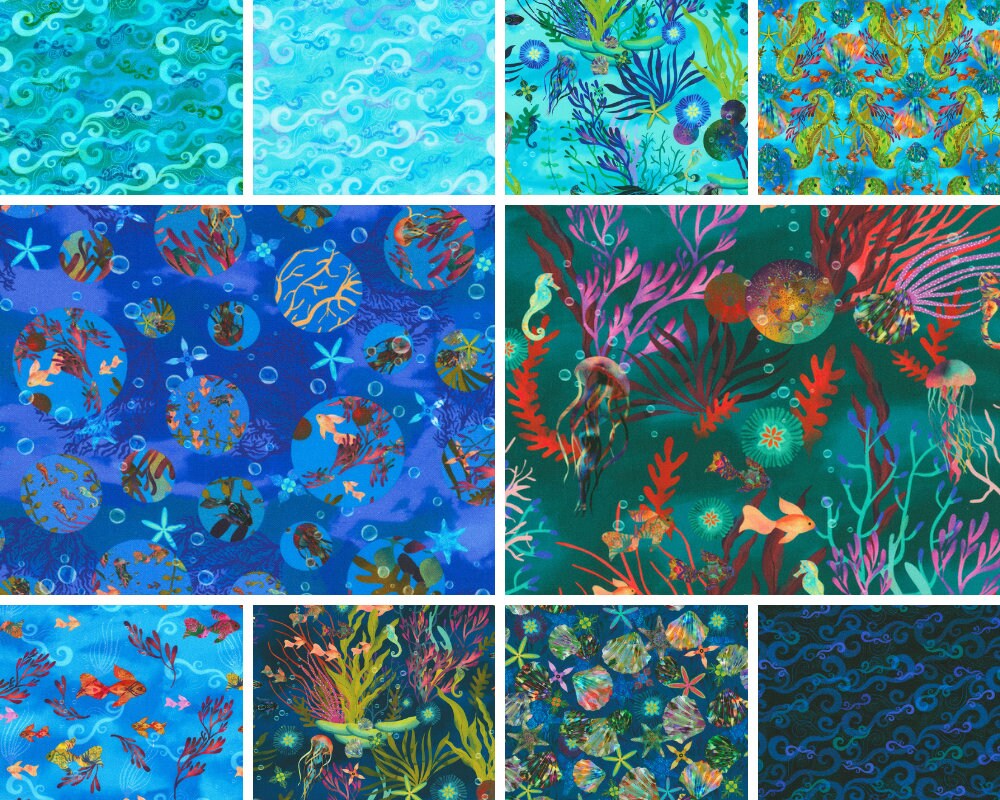 Bright and Cheerful Ocean Quilt Fabric, 10 Squares, Oceanica by ...