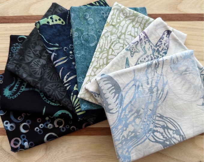 Beach Quilt Fat Quarter Bundle, Batik Underwater Motifs, Navy Blue ...