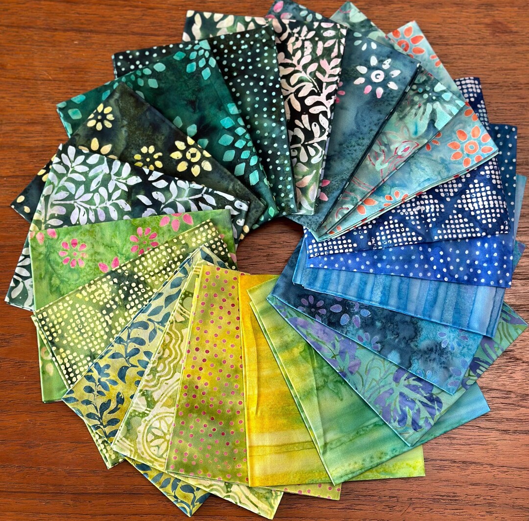 Plant Mama Quilt Fabric Fat Quarter Bundle, Blue and Green Batik FQ Bundle, Boundless Batiks, 20 ...