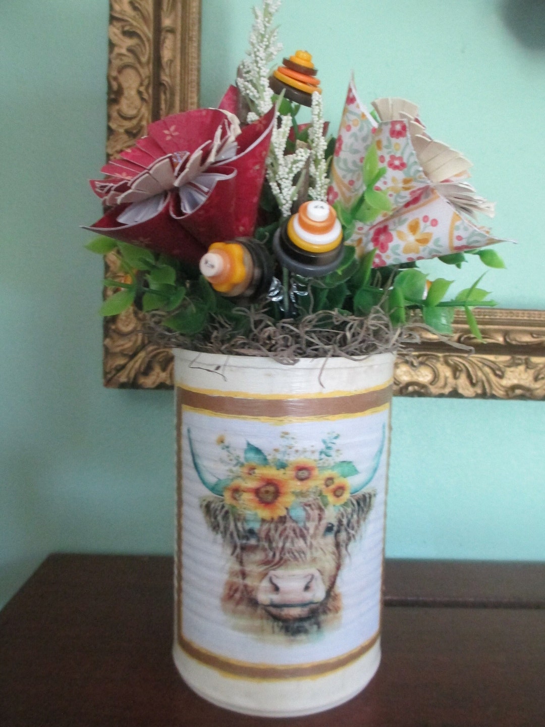 Recycled Tin Can/ Highland Cow/ Button Art/ Shelf Sitter/ Decoupaged ...