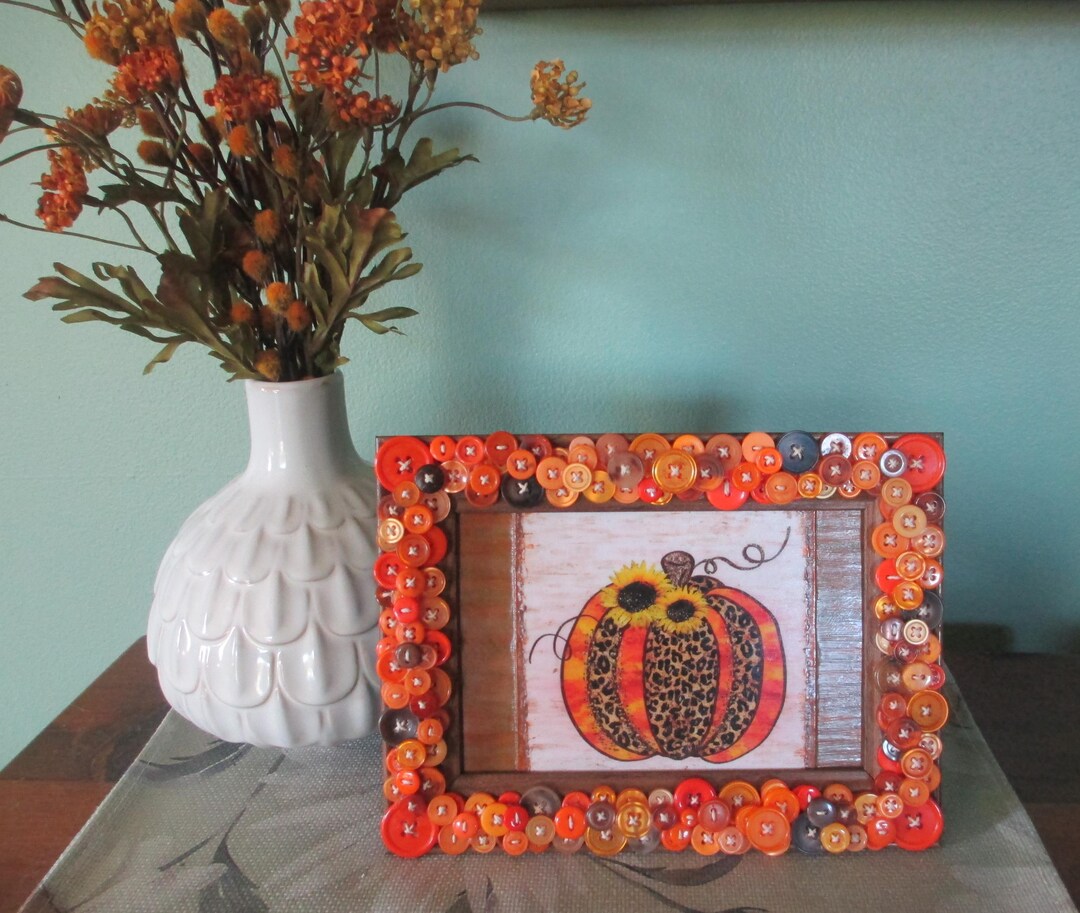 Fall Button Frame/ 4 X 6 Frame/ Button Art/ Fall Pumpkin/ Leopard Print ...