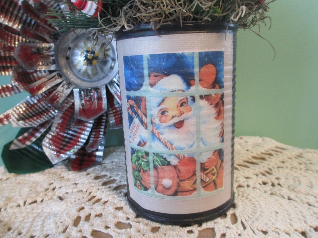 Recycled Tin Can/ Button Art/ Christmas Shelf Sitter/ Decoupaged Tin ...
