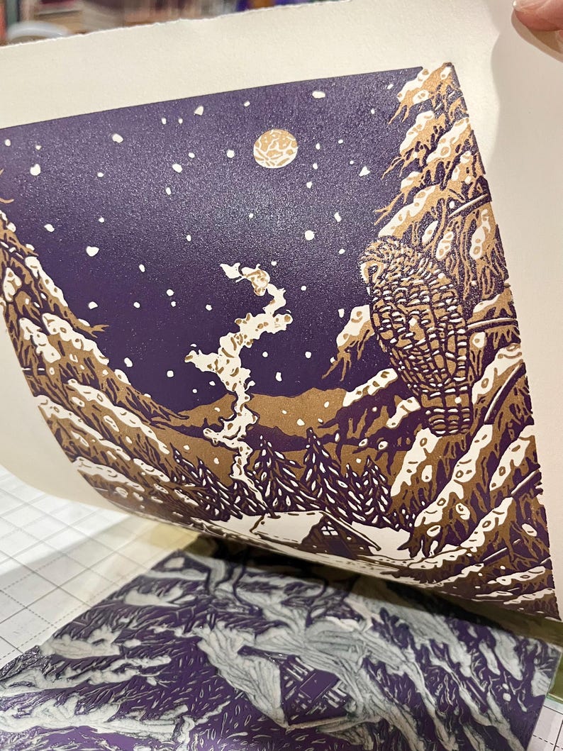 One Winter's Eve - by Wendi Dibbern - Winter Cabin Linocut Print: Deer ...