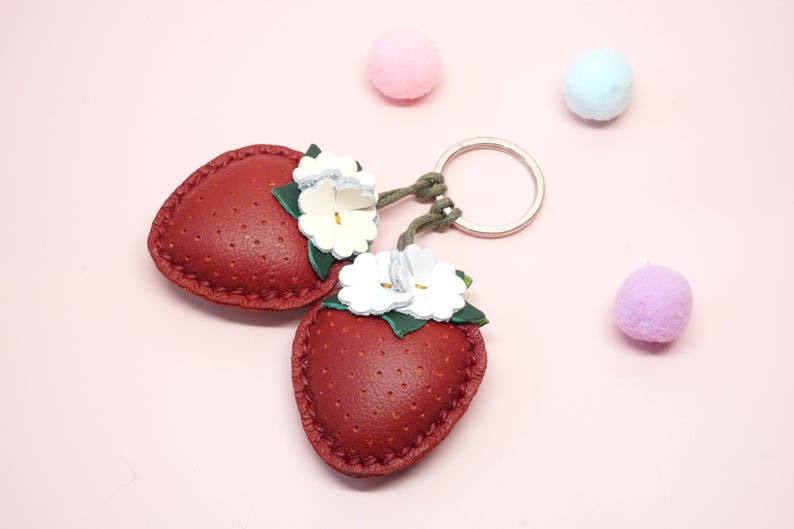 Strawberry Leather Keychain: Personalized Kawaii Fruit Bag Charm - Etsy