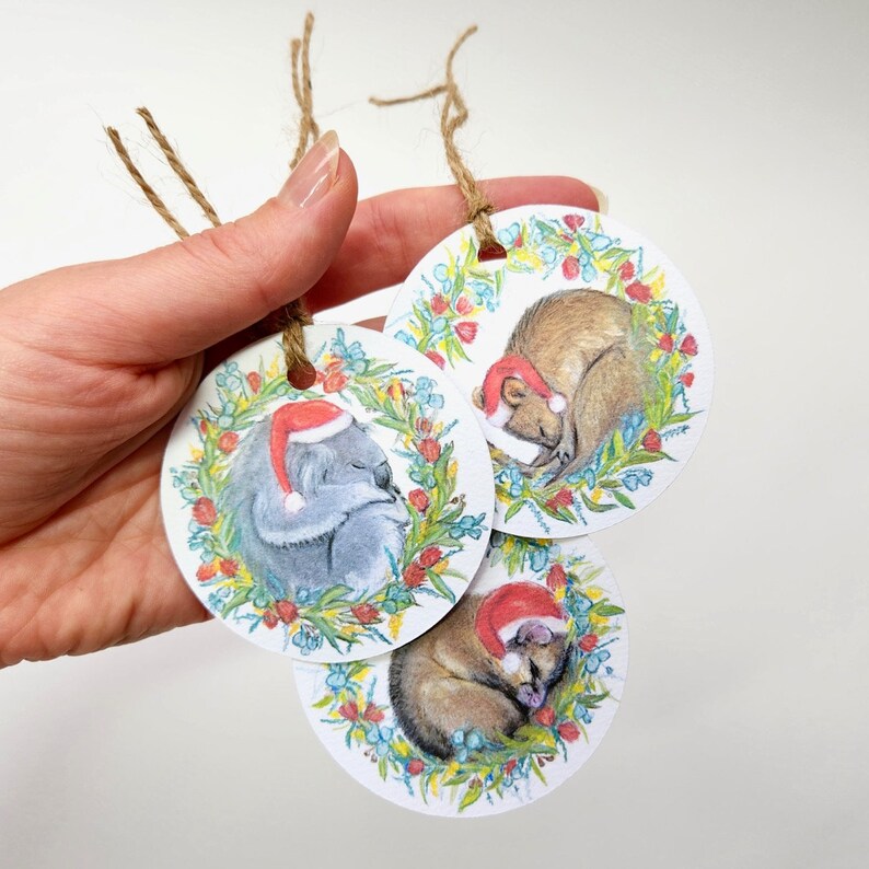 Round Christmas Gift Tags on String, 3 X Different Australian Christmas ...