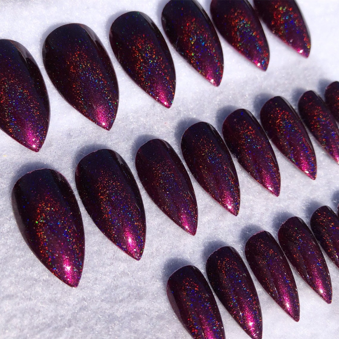 Black Cherry Holographic Fake Nails Faux Nails Glue on - Etsy