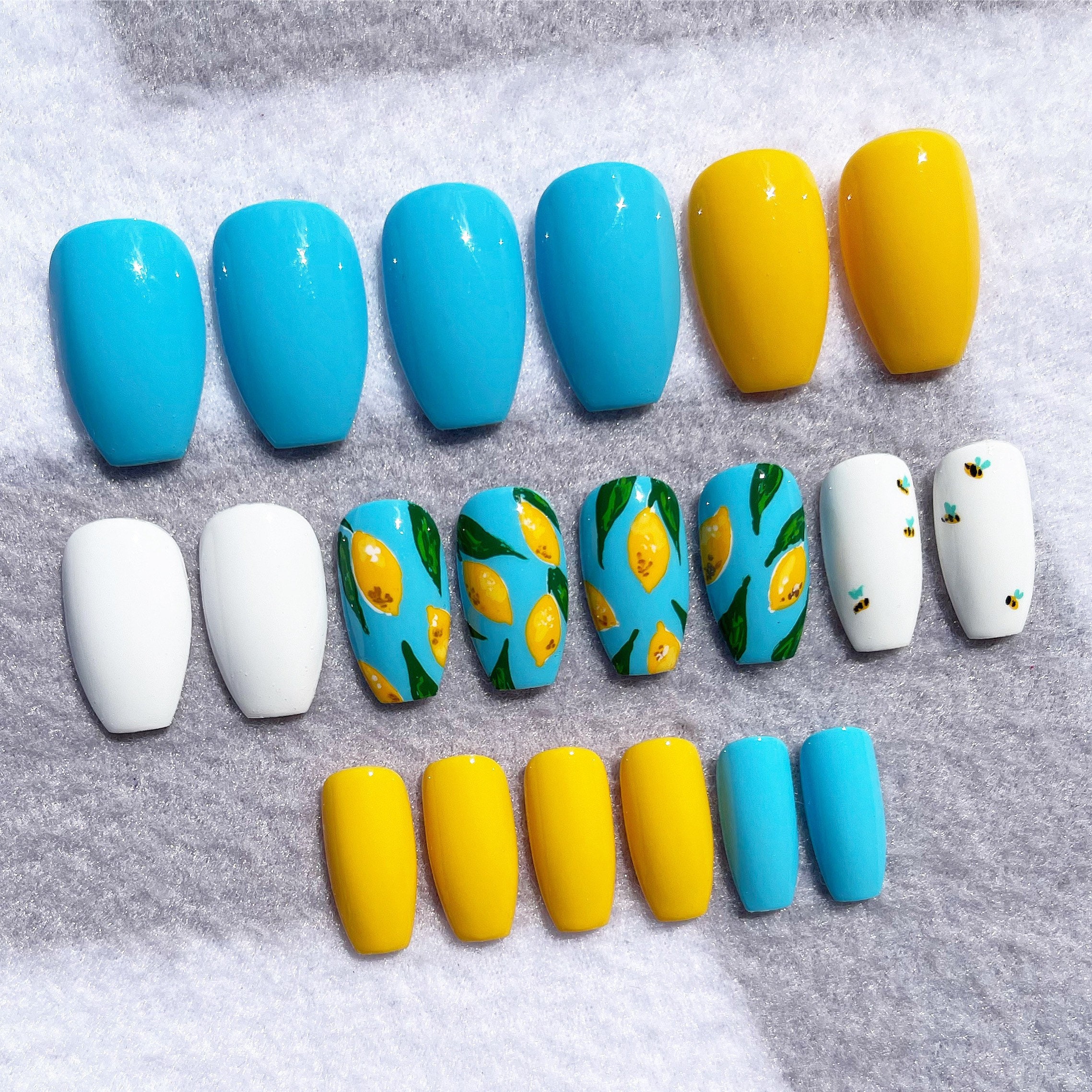 Lemon Fake Nails Faux Nails Glue on Nails Bees Blue Nails - Etsy