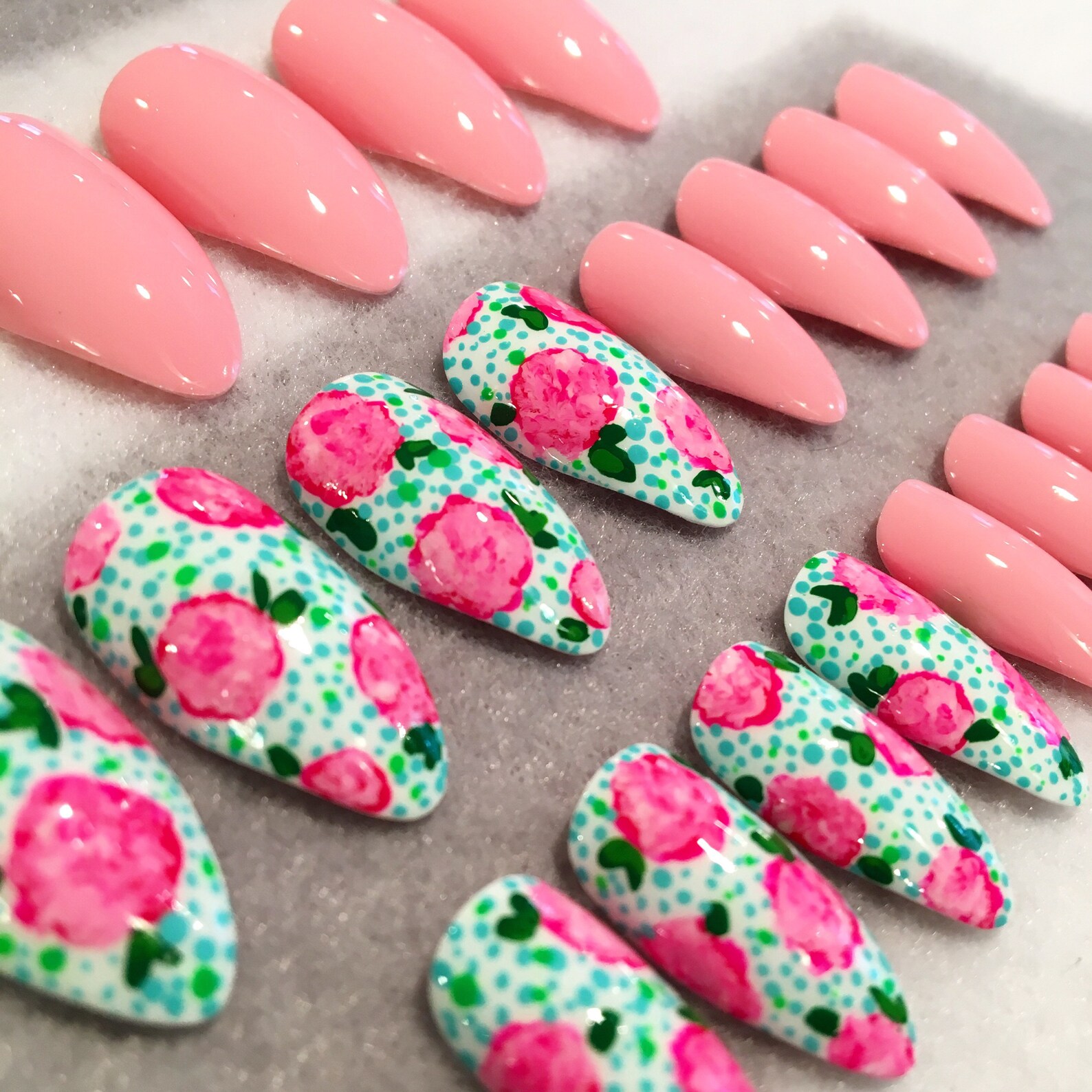 Pink Floral Fake Nails Faux Nails Glue on Nails Pink | Etsy