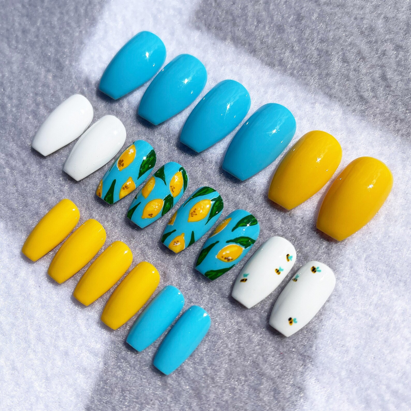 Lemon Fake Nails Faux Nails Glue on Nails Bees Blue Nails - Etsy