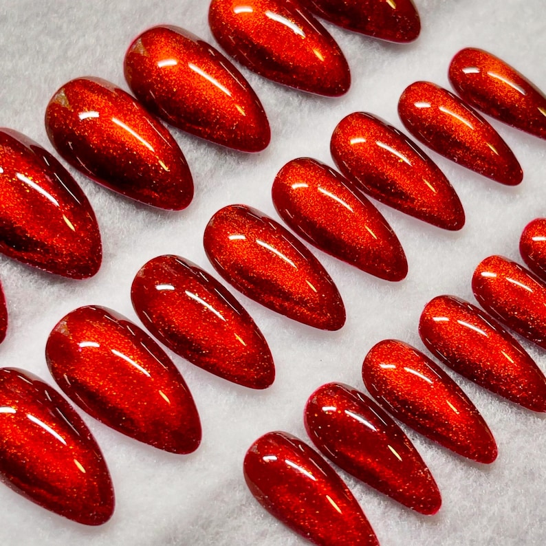 Red Glass Fake Nails, Faux Nails, Glue on Nails, Glass Look, Ruby ...