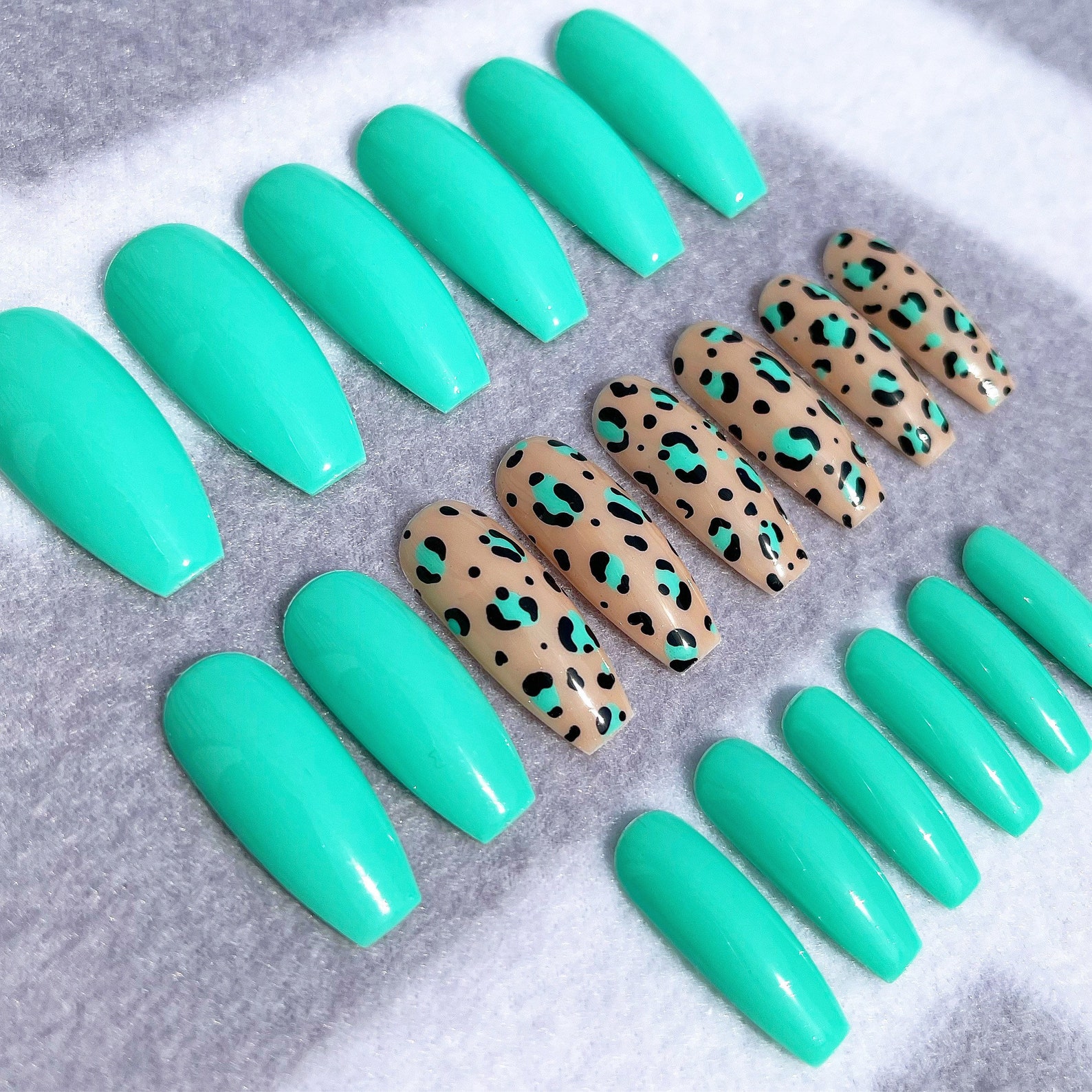 Mint Leopard Print Fake Nails Press on Nails Faux Nails - Etsy