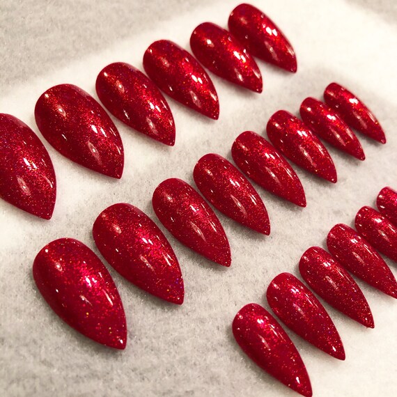 Cupid Red Holographic Fake Nails Faux Nails Glue on Nails | Etsy